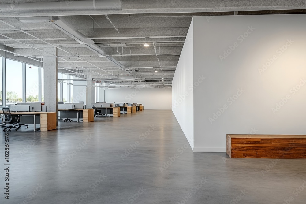Open-plan office with blank white wall, concrete floors, and wooden ...