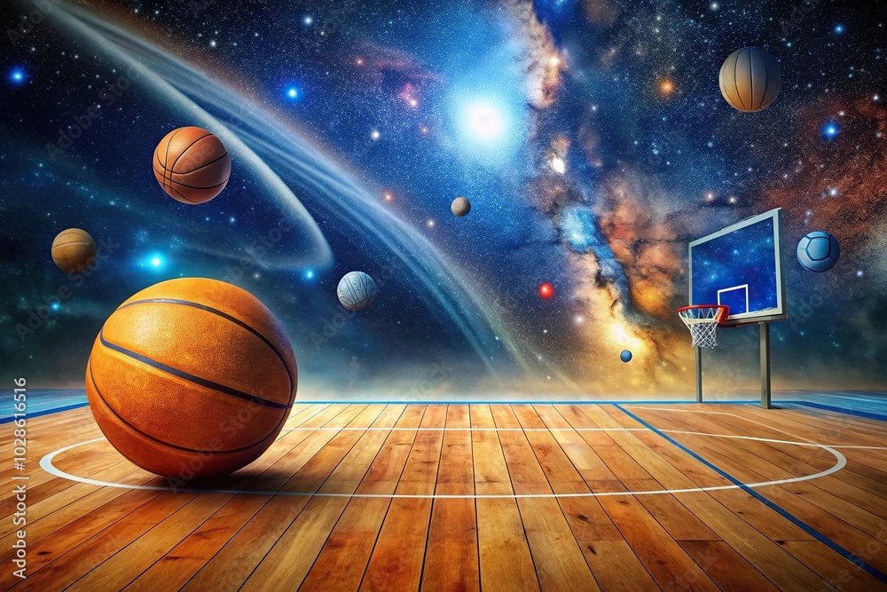 Orange and blue basketball court surrounded by stars and planets in ...