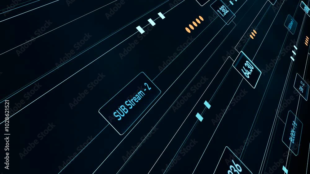 Node tree, control panel, switch board, digital display. Computer network, graphical user ...