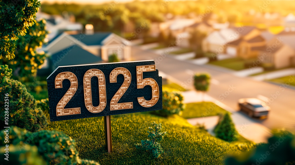 Brick Numbers 2025 on Signpost in Suburban Neighborhood at Golden Hour ...
