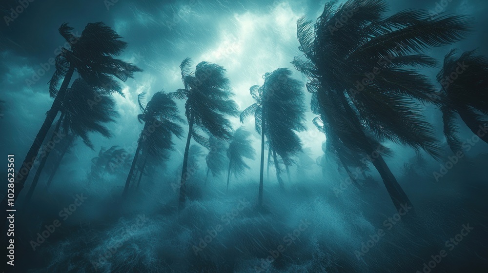 Violent tropical storm with strong winds bending palm trees and heavy ...