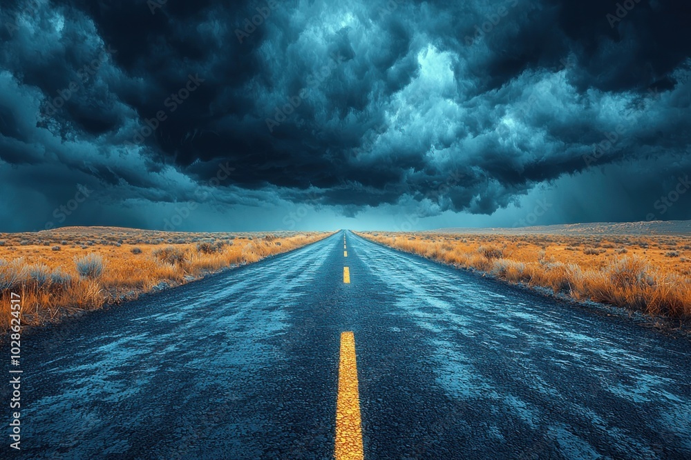 Dramatic road stretching into the horizon under dark storm clouds with ...