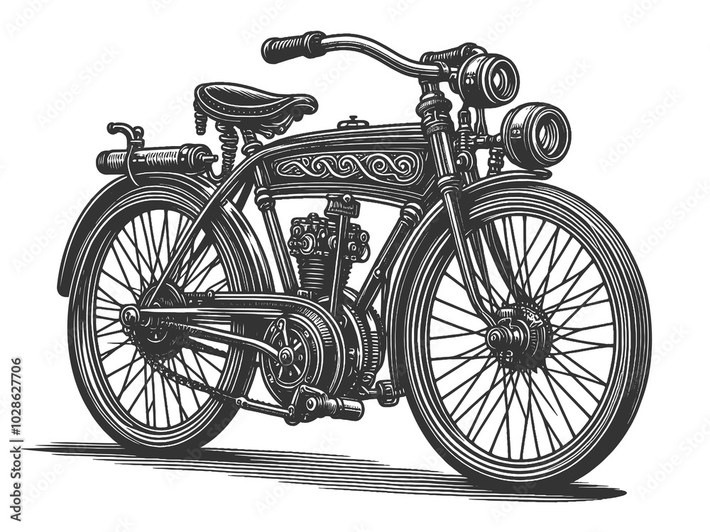 Steampunk vintage motorcycle bike, detailed design elements and classic ...
