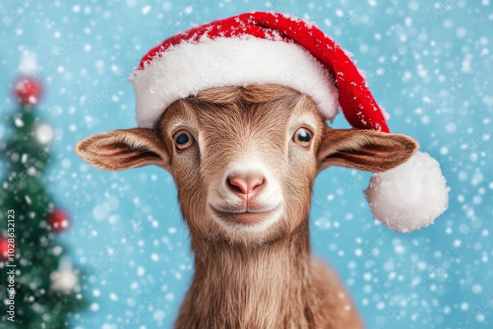 Goat wearing a Santa hat and smiling. The goat is standing in front of ...