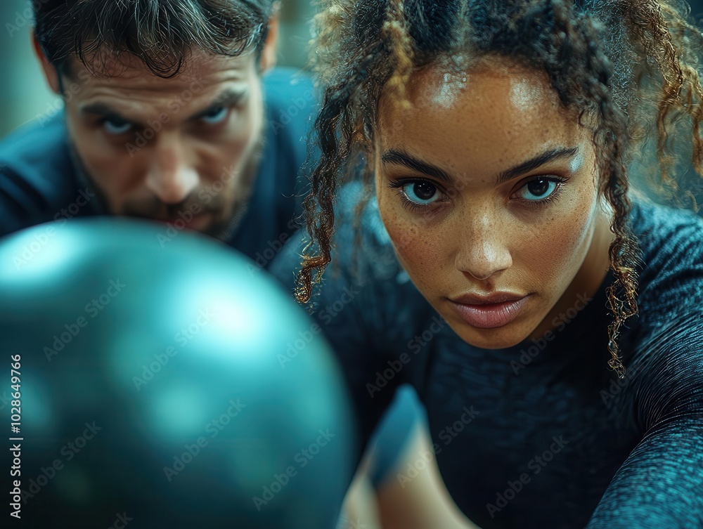 athletic woman engaging in kettlebell exercises, coached by a trainer ...