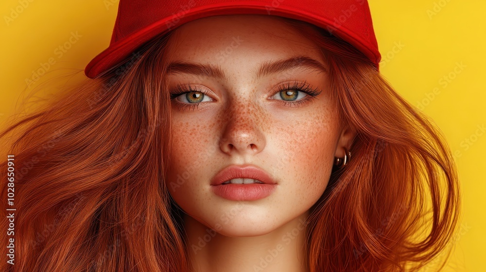 Elegant close-up of a ginger-haired girl in a red cap, posing ...