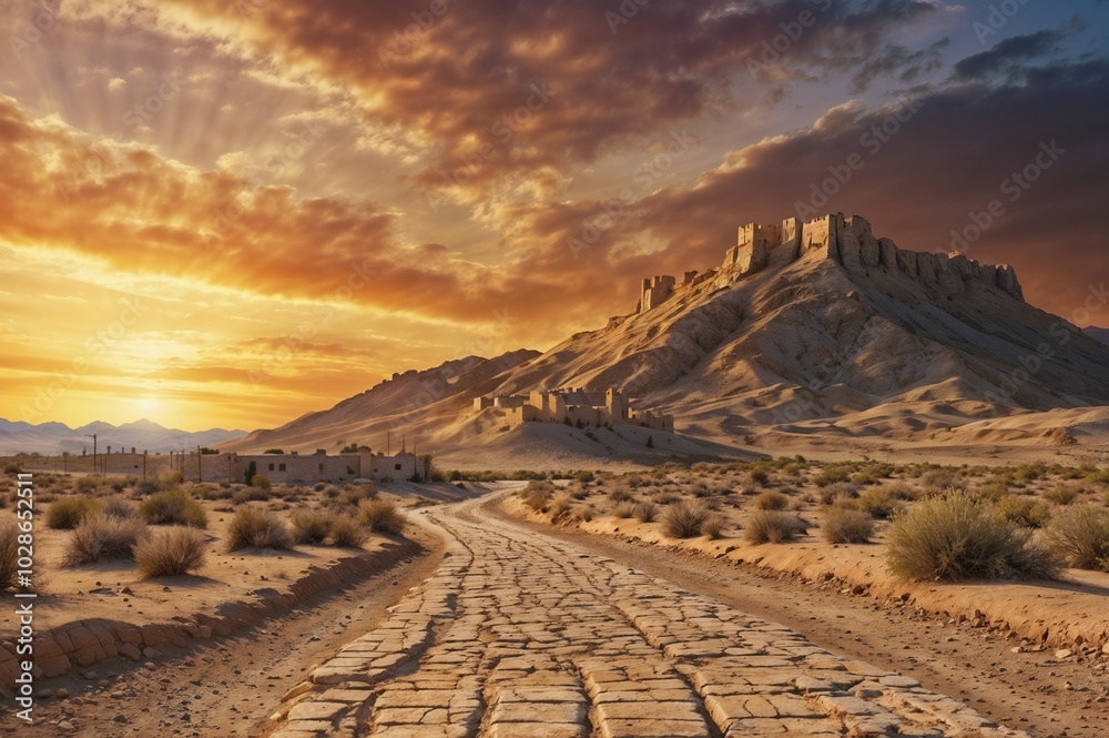 Dirt desert road leading to a ancient city civilization. Vibrant sunset ...