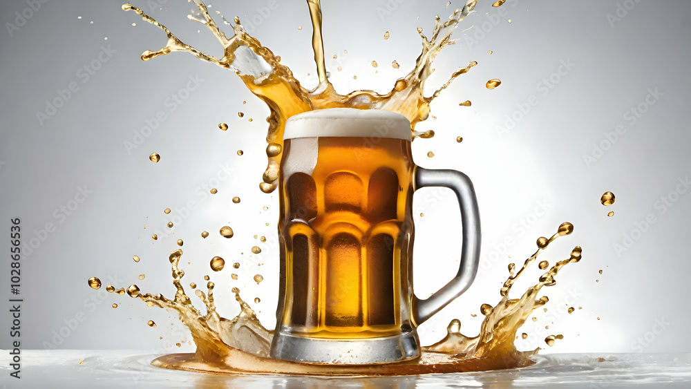 Beer Splash: A refreshing beer mug explodes in a burst of golden liquid ...