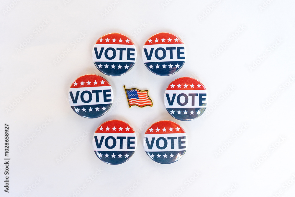Vote buttons and American flag pin on white background. A collection of ...