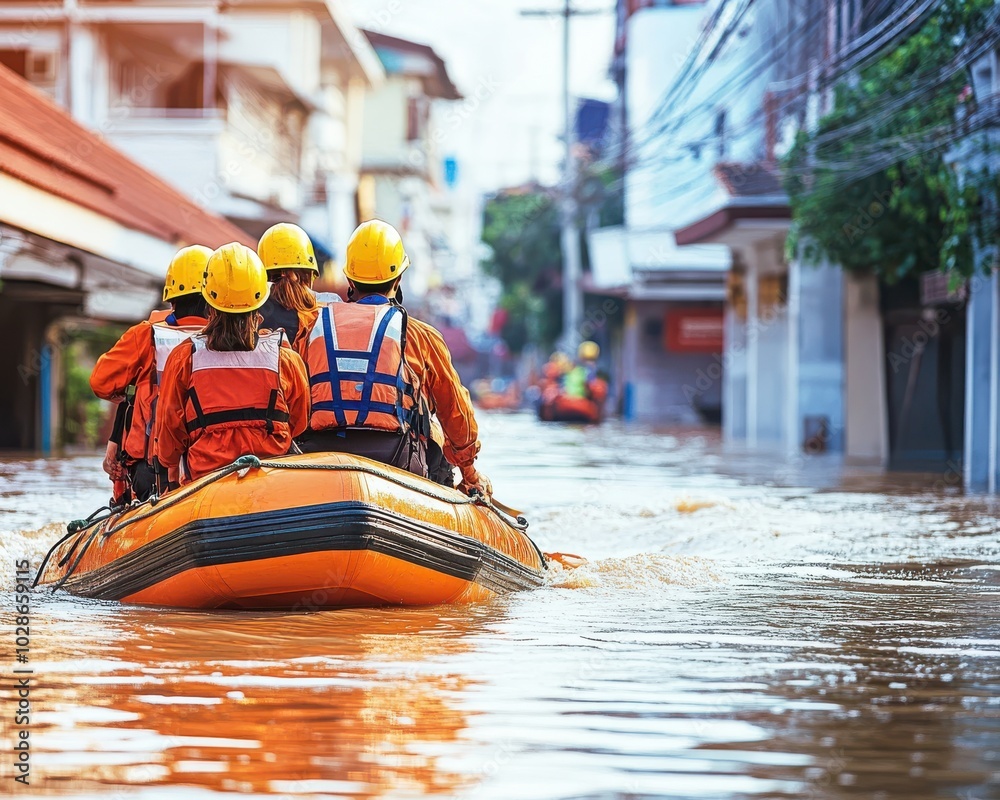 Rescue team navigates flooded streets in an inflatable boat, showcasing ...