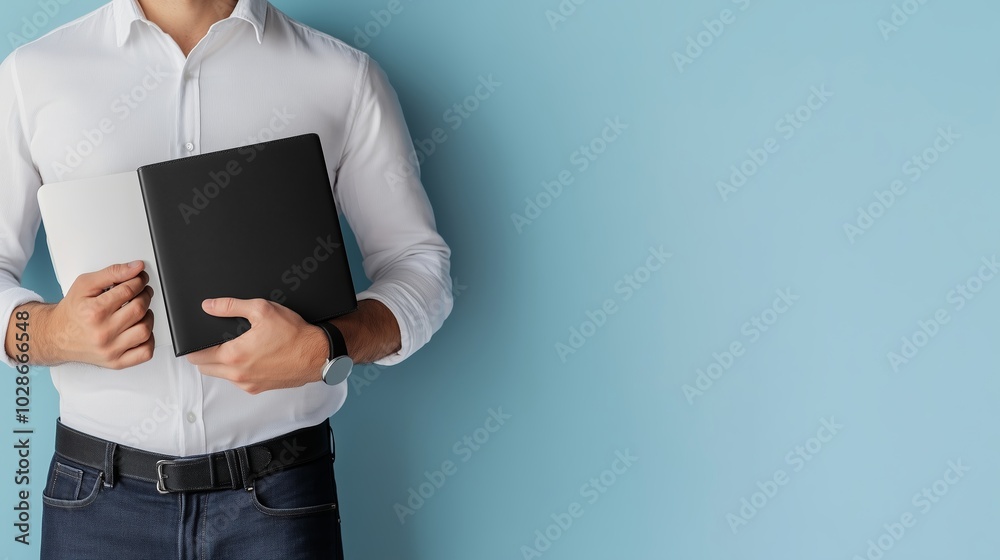 Professional man holding black and white folders against a light blue ...
