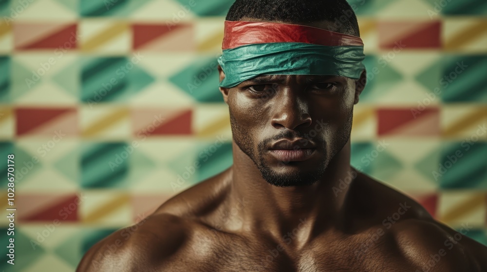 Portrays a shirtless man with a red and green bandana against a vibrant ...