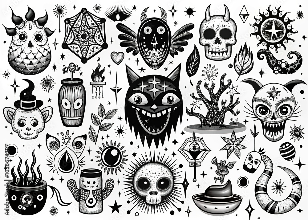 Black and White Creepy Abstract Doodle Creatures Tattoo Flash Sheet ...