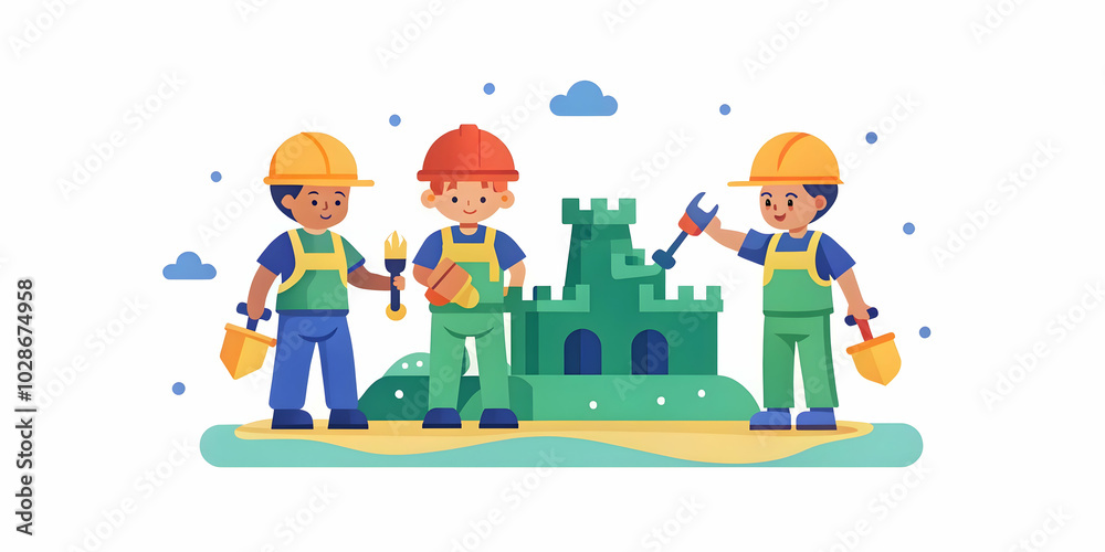 Children as Builders: Kids in Construction Gear Building a Sandcastle ...