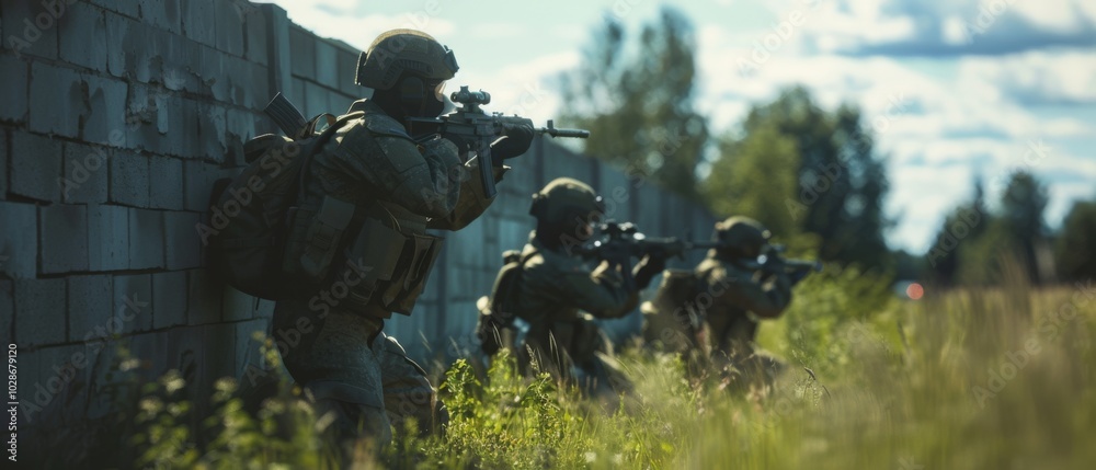 Soldiers crouch against a stone wall, rifles ready, blending into the ...