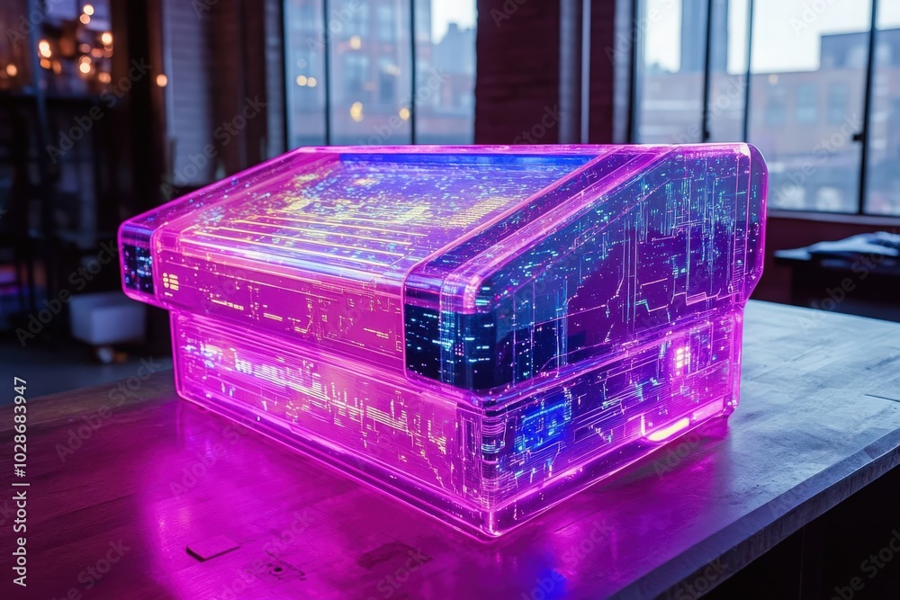 A vintage 1980s arcade game console that glows, re-imagined with ...