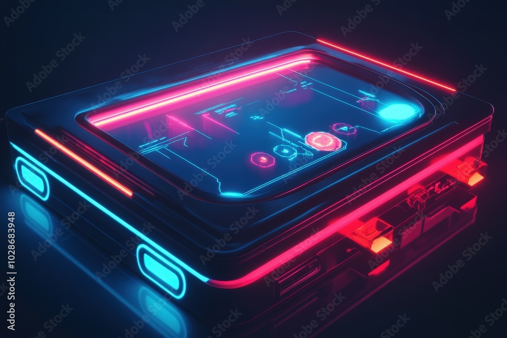 A vintage 1980s arcade game console that glows, re-imagined with ...