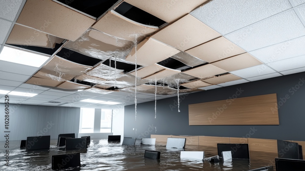 Office space with flooded floor, damaged ceiling tiles, and computer ...