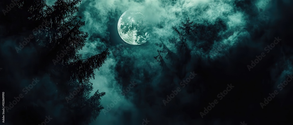 Dark forest. Gloomy dark scene with trees, big moon, moonlight. Smoke ...