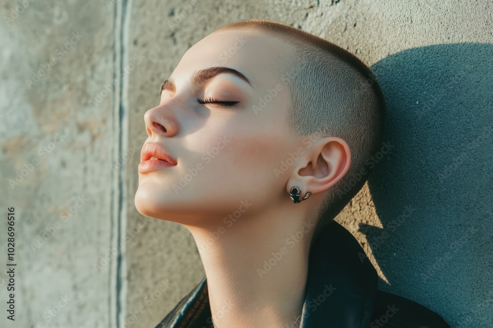 Young happy attractive girl shaves her hair on her head. skinhead punk ...