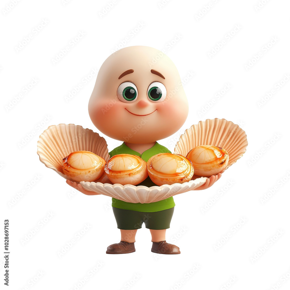 3D cartoon character holding grilled scallops, isolated on a white ...