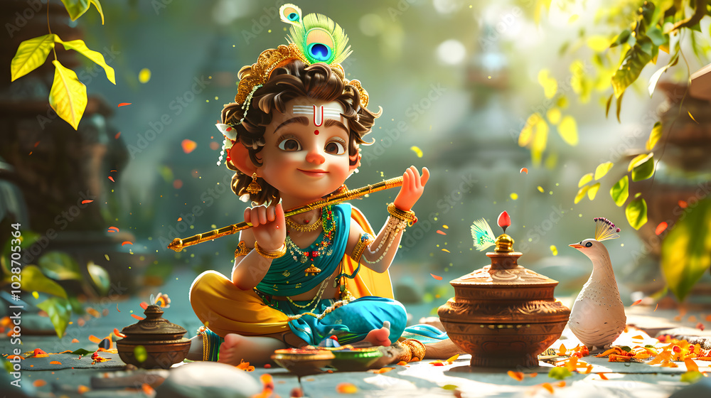 An artistic representation of Lord Krishna's childhood pastimes, with a ...