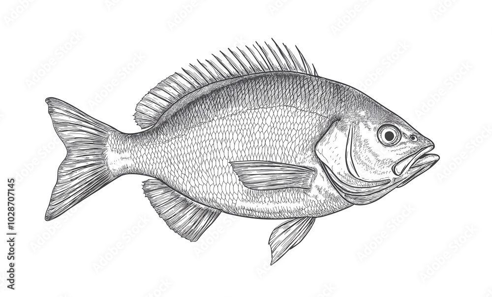 Fish sketch dorado gilt-head bream. Vintage retro print, black white ...