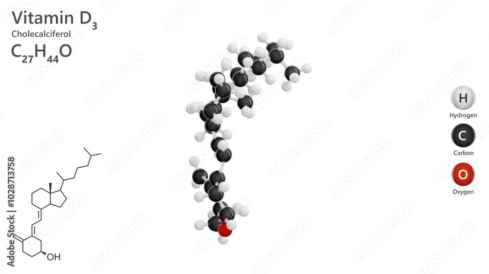 Cholecalciferol or Vitamin D3. Animated 3d model of molecule. Molecular ...