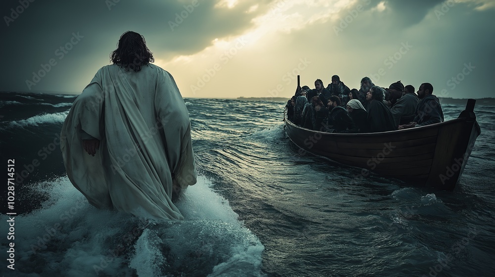 Jesus walking on water, disciples watching from the boat. Jesus wearing ...
