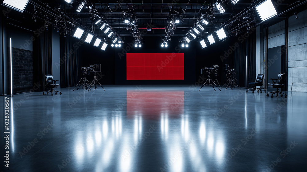 A sleek, well-lit video production studio with overhead grids of lights ...