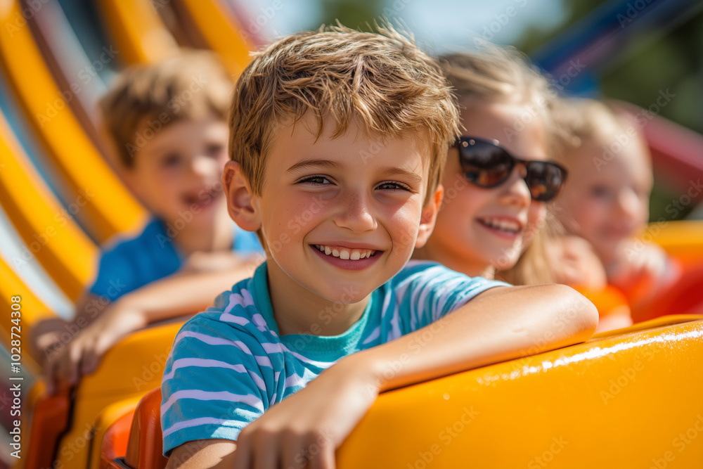 Parents and children enjoying a day at an amusement park, excitement ...