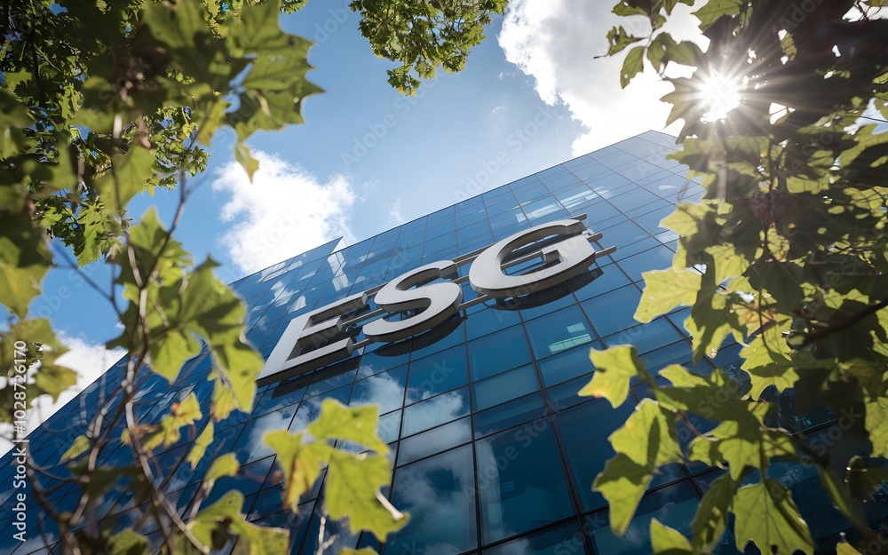 Esg letters on glass building facade, symbolizing sustainability and ...