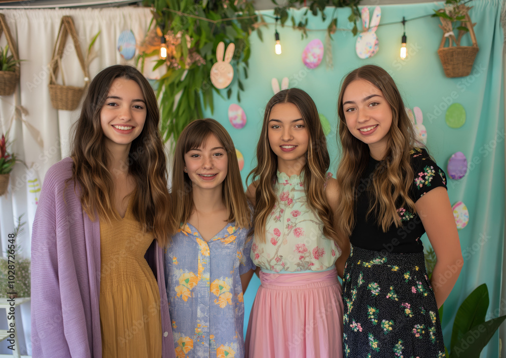Four girls are posing for a picture in front of a green background ...