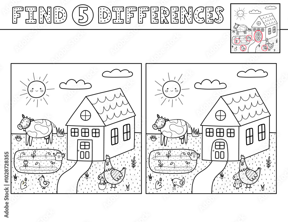 Find 5 differences activity page for kids with a farmhouse and cute ...