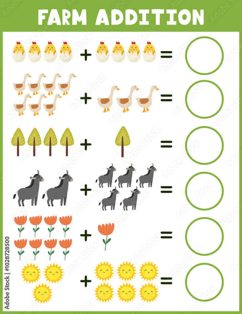 Farm addition worksheet for kids. Math activity page with cute farm ...