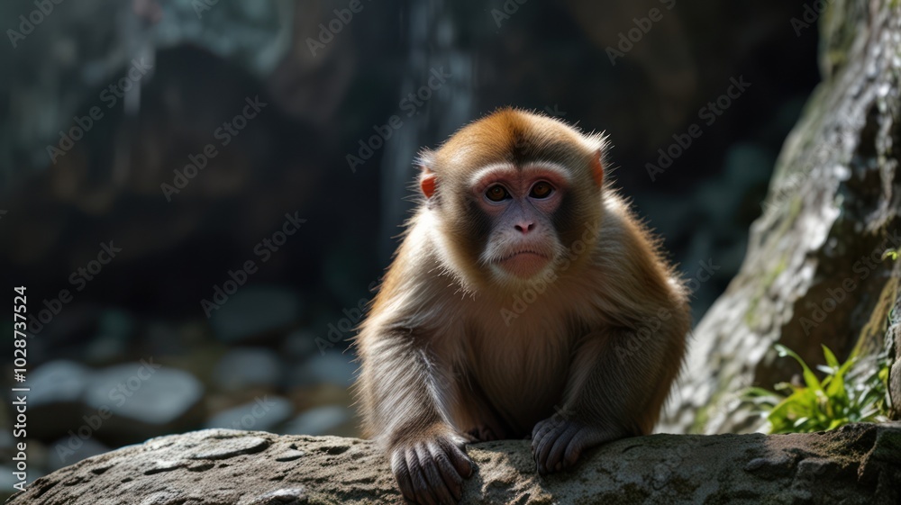 A monkey in a dimly lit cave, its dark fur blending seamlessly with the ...