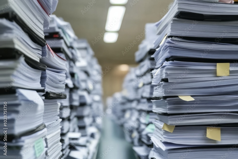 Messy office with pile of binders holding papers and filings ...