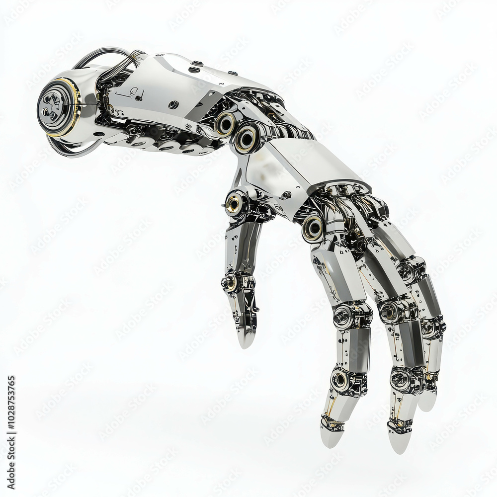 Robotic Hand Reaching: Chrome Robotic Arm Extends, Detailed Mechanical ...