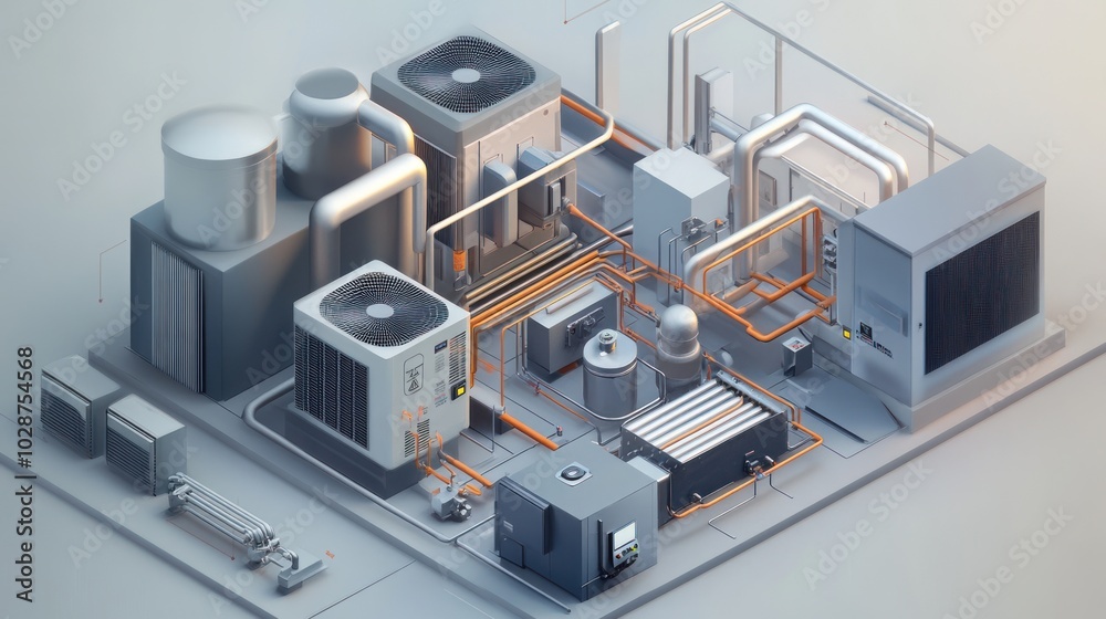 Isometric View of a Complex HVAC System with Interconnected Pipes and ...