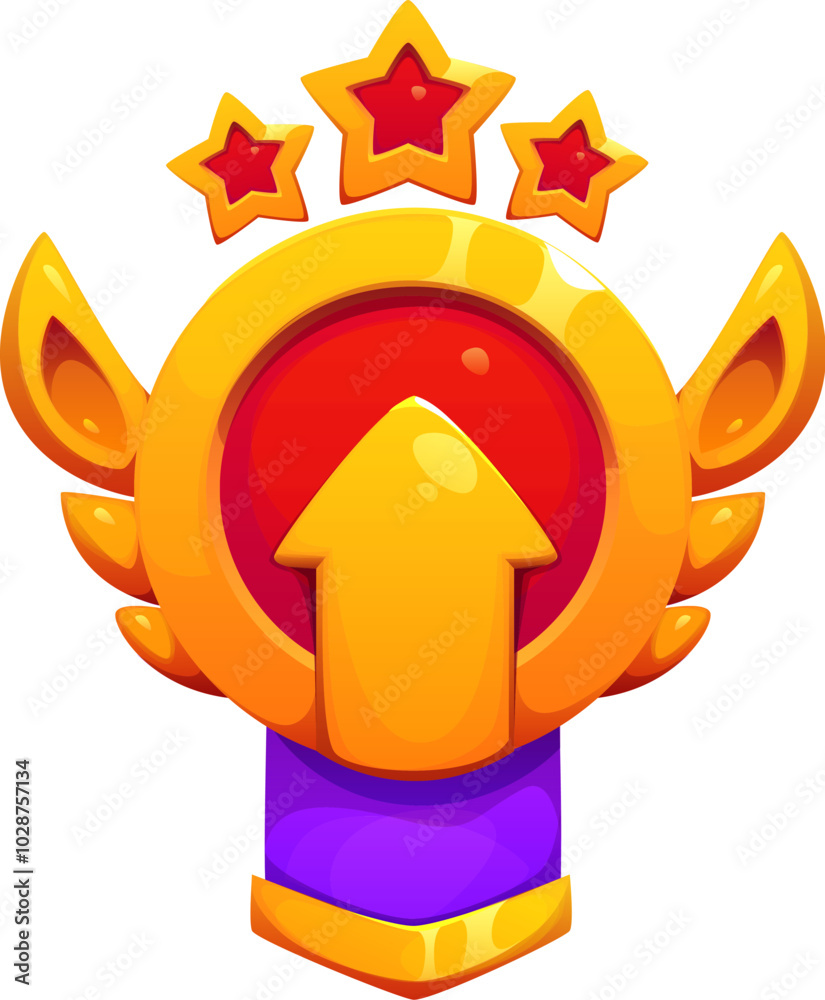 Level up game reward, rate icon featuring golden stars, upward arrow ...