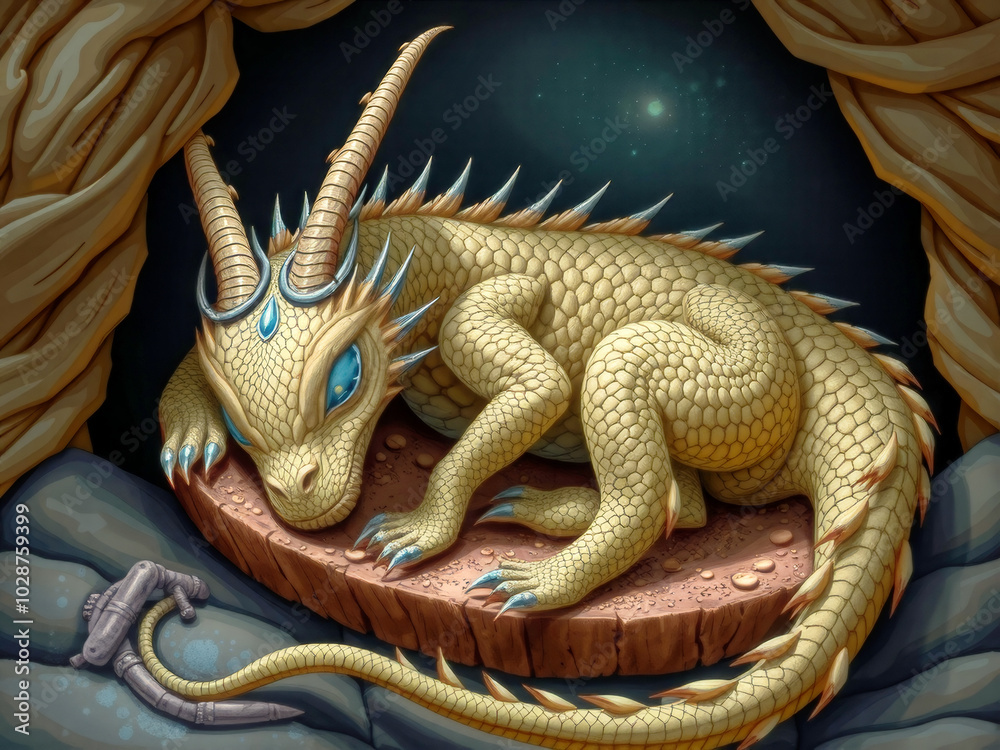A dragon is laying on a log in a cave. The dragon is small and has blue ...