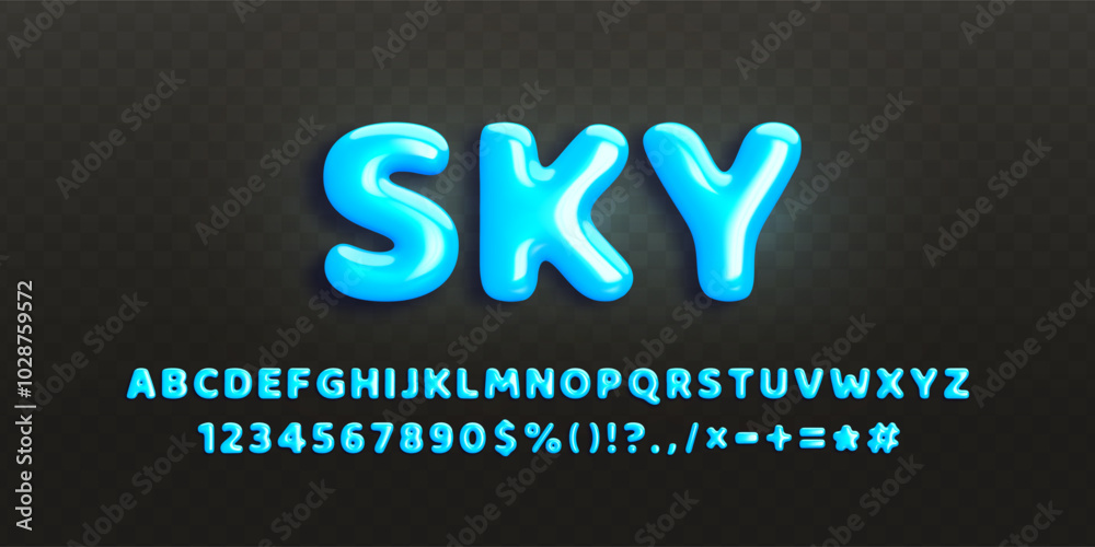 Set of glossy blue 3d letters and numbers from 0 to 9 in realistic ...
