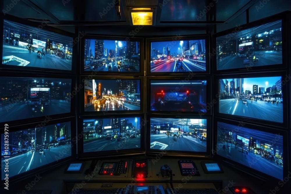 A CCTV monitoring station with multiple screens displaying live feeds ...