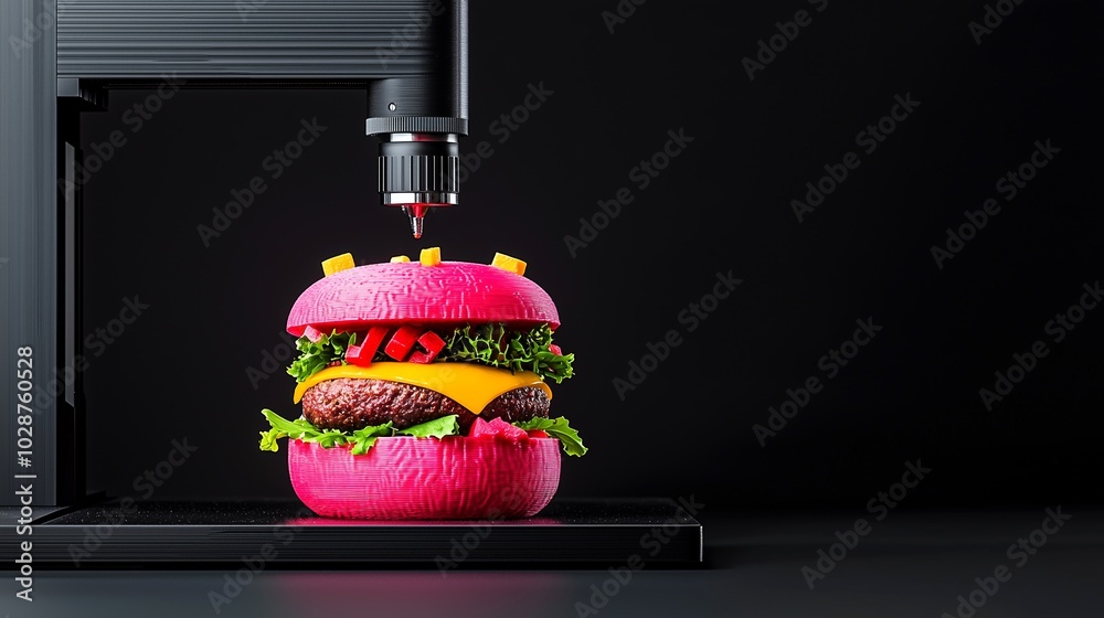Advanced 3D printer assembling a layered pink burger with fresh lettuce ...