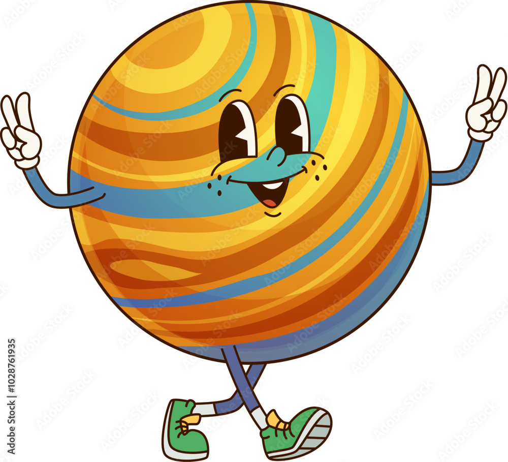 Jupiter solar system groovy planet character smiling and waving hands ...