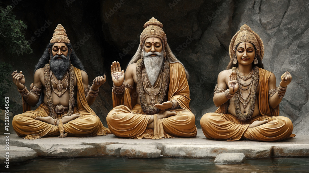 Three religious statues of meditative figures with intricate jewelry ...