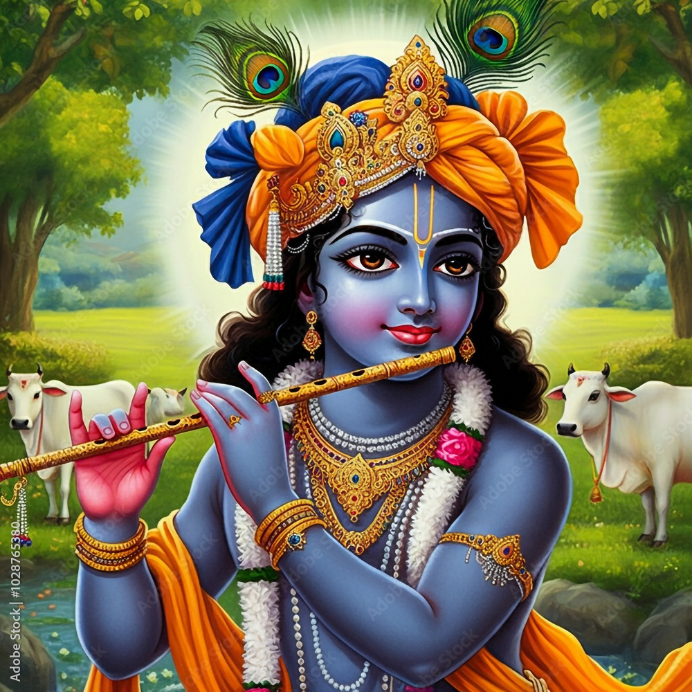 Photo & Art Print Lord Krishna playing the flute with a peacock feather ...