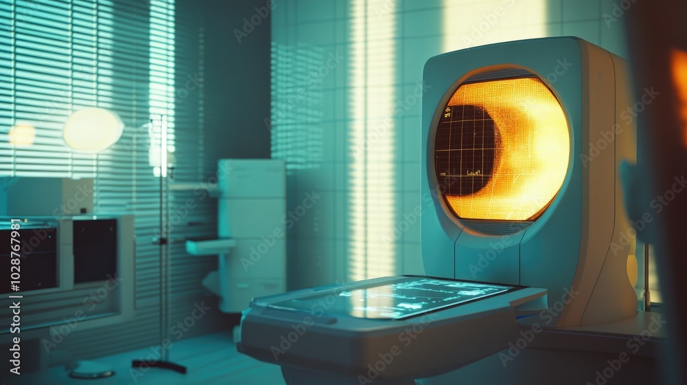 An image of a retinal scanner in a clinical environment, capturing the ...
