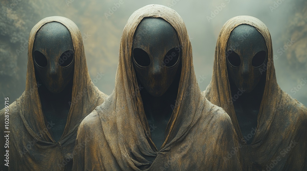 Three people with hoods on their heads, one of them has a mask on Stock ...