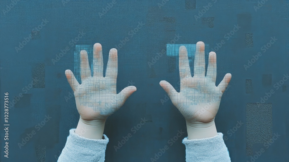 Children's hands with a surreal wireframe overlay against a textured ...